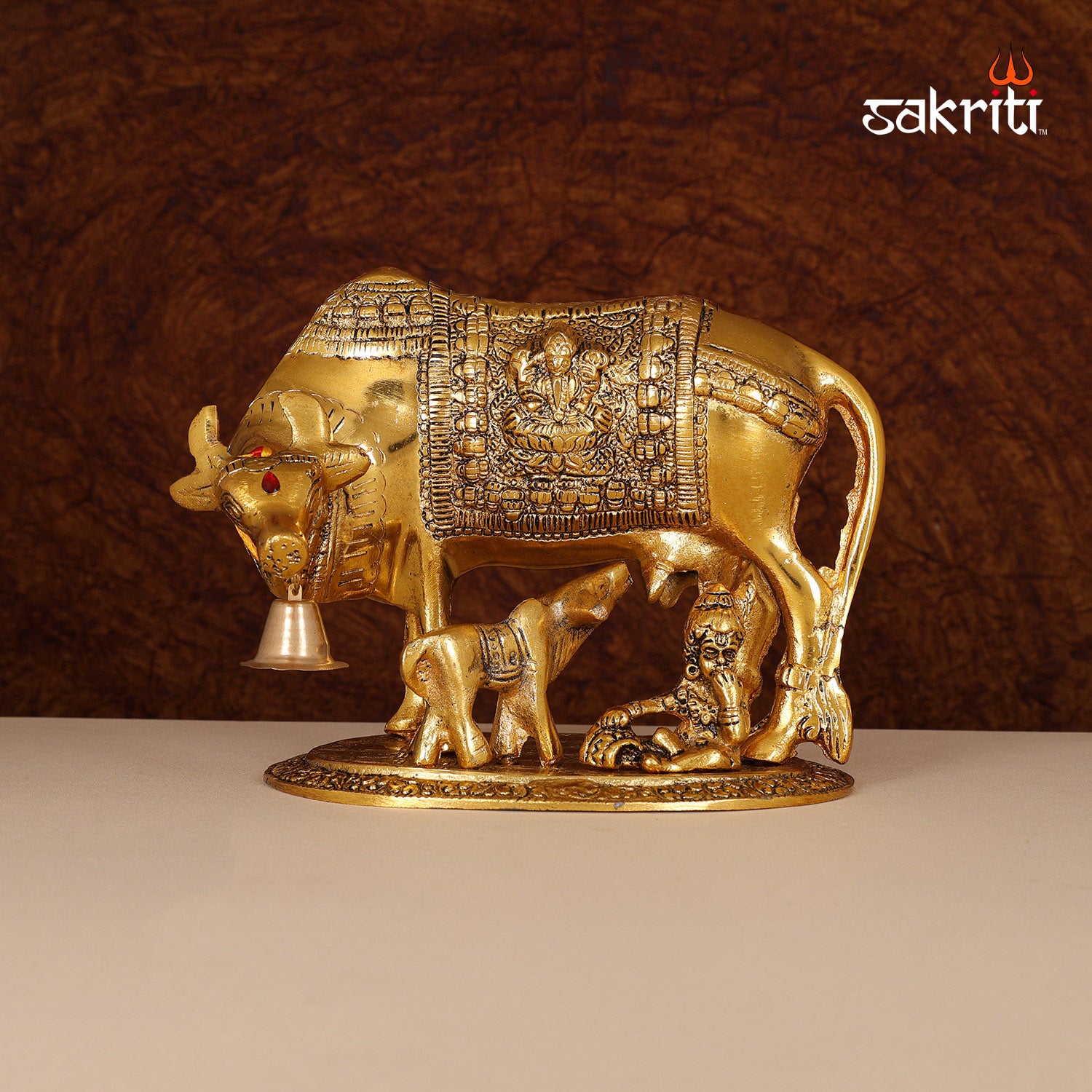 Aluminium Cow with Ladoo Gopal Idol Gold Polish – 6.2 Inch Devotional ...