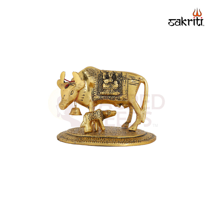 Aluminium Cow & Calf Idol with Gold Polish – 5 Inch Devotional Decorat ...