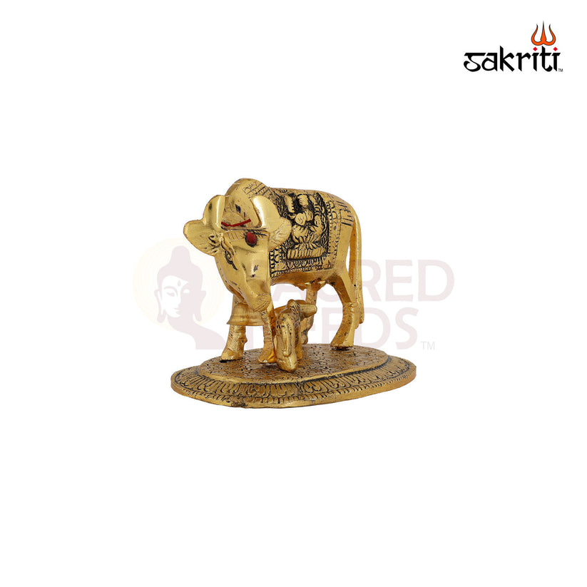 Aluminium Cow & Calf Idol with Gold Polish – 5 Inch Devotional Decorat ...