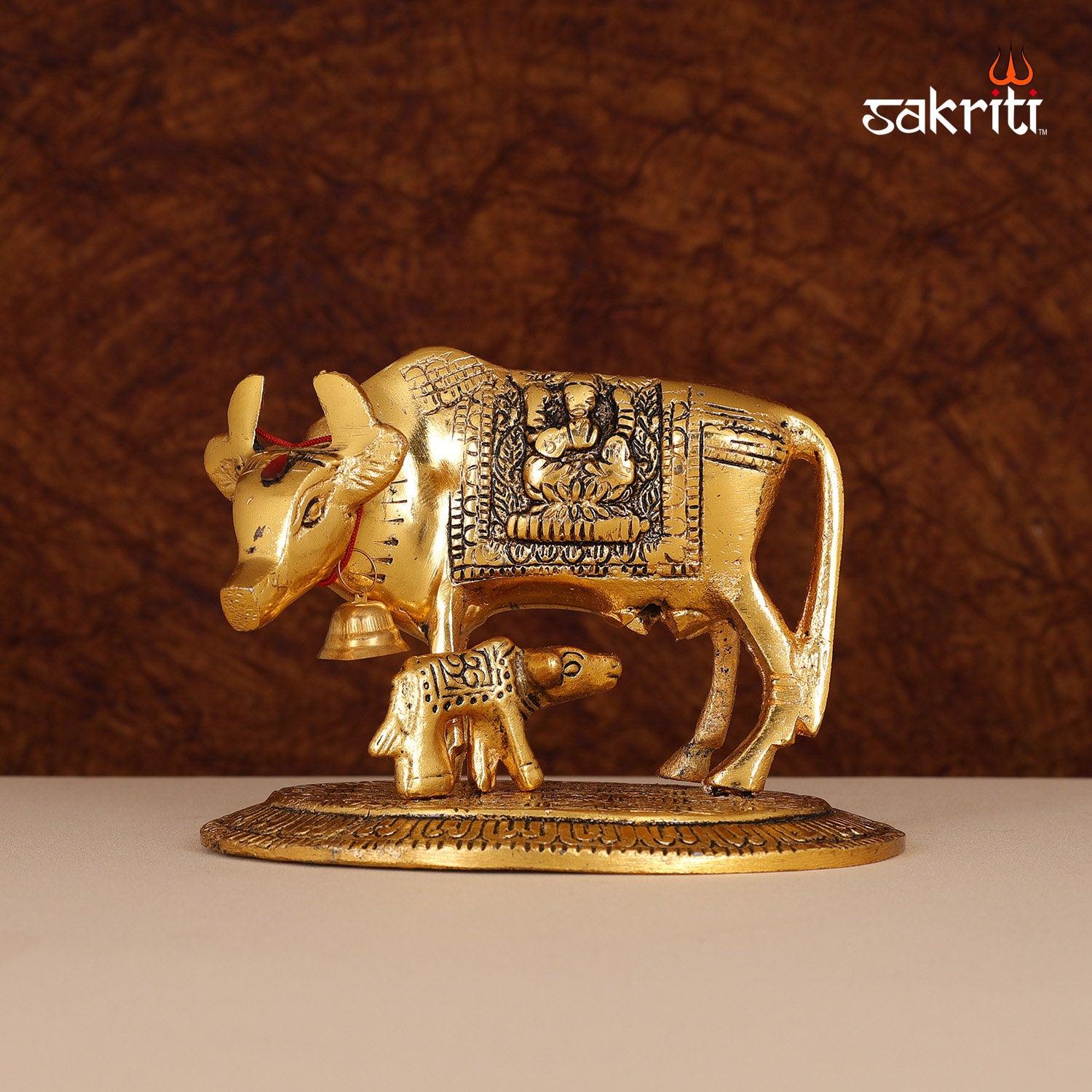 Aluminium Cow & Calf Idol with Gold Polish – 5 Inch Devotional Decorat ...