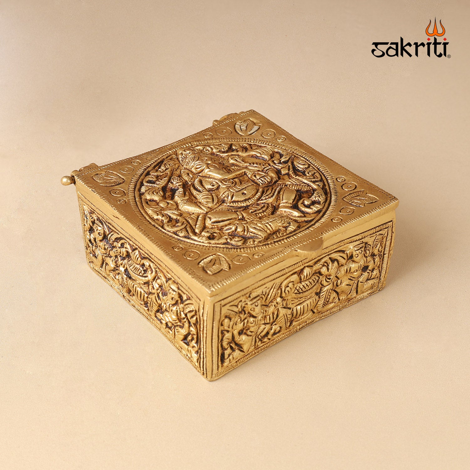 Brass Antique Box with Ganesha – 1.8 Inch Decorative Storage with Vina ...