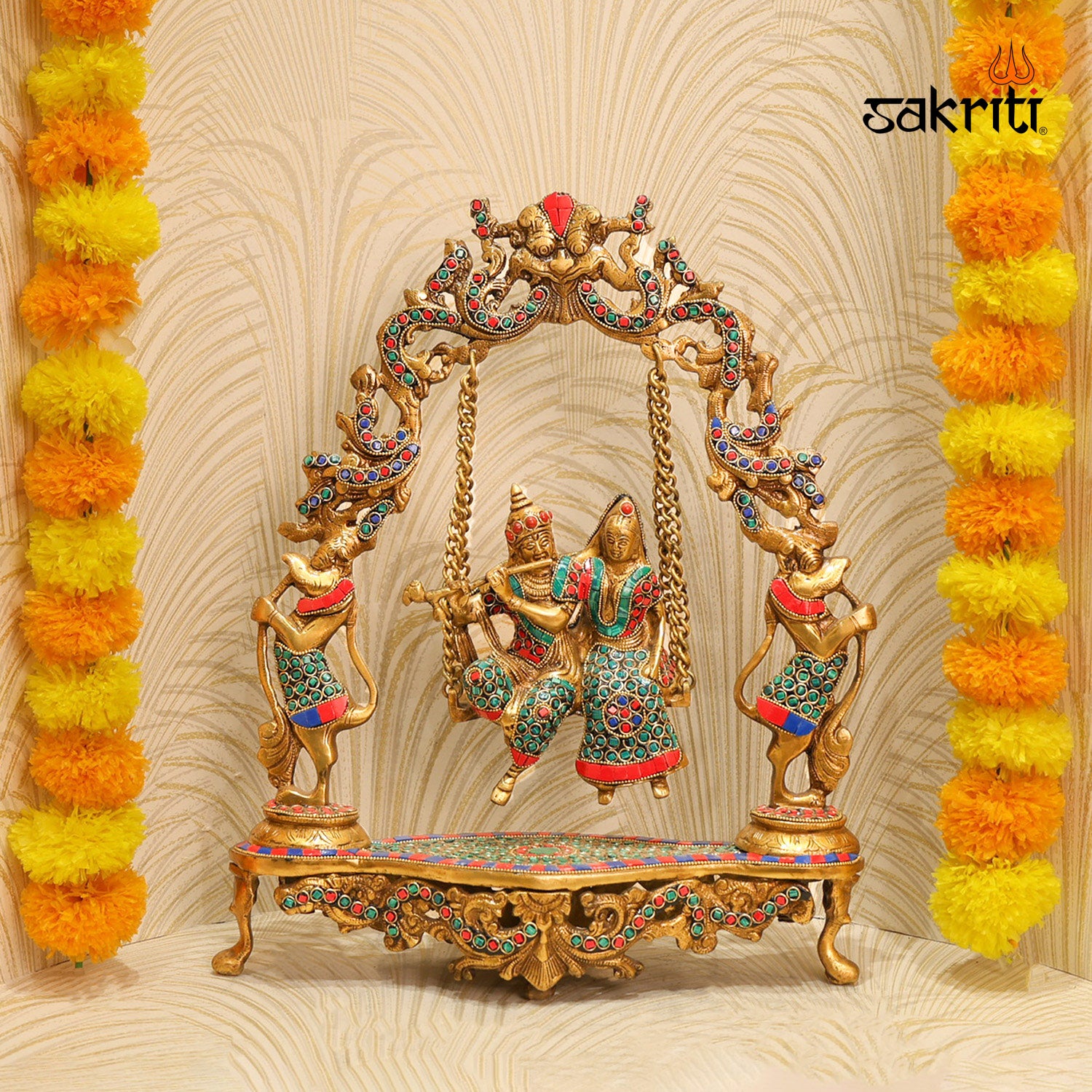 Brass Jhula with Radha Krishna – 17.5 Inch Swing Set Statue – Sacred Needs