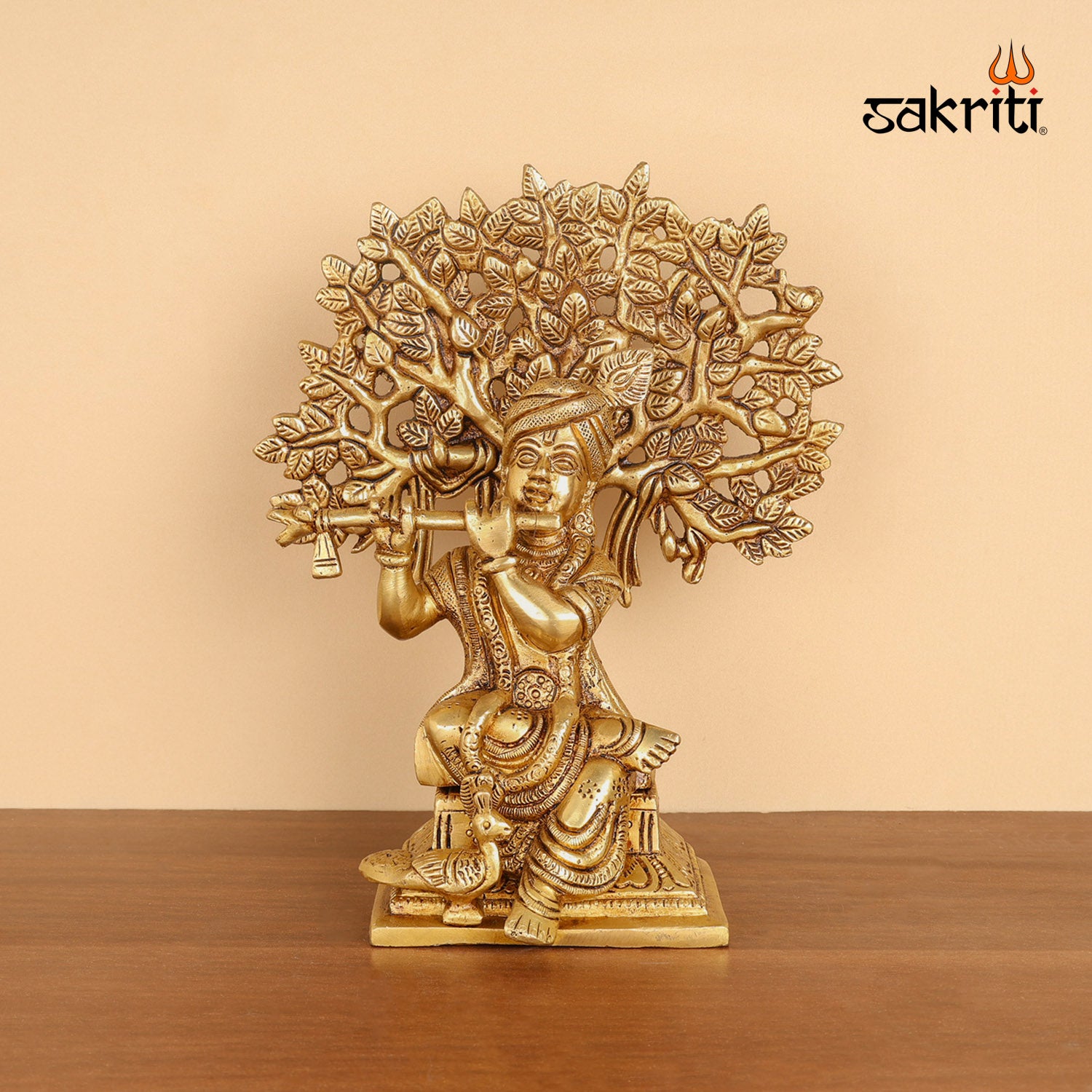 Brass Lord Krishna with Tree – 8.3 Inch Divine Scene Sculpture – Sacred ...
