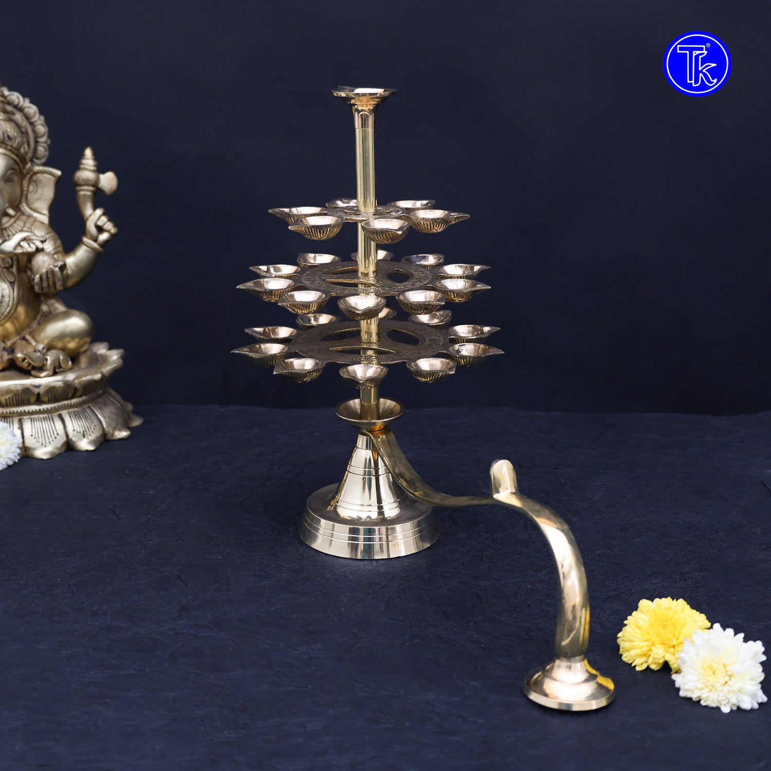 Brass 27 Face 3 Step Arti – 12 Inch Multi-Wick Oil Lamp for Temple Use ...