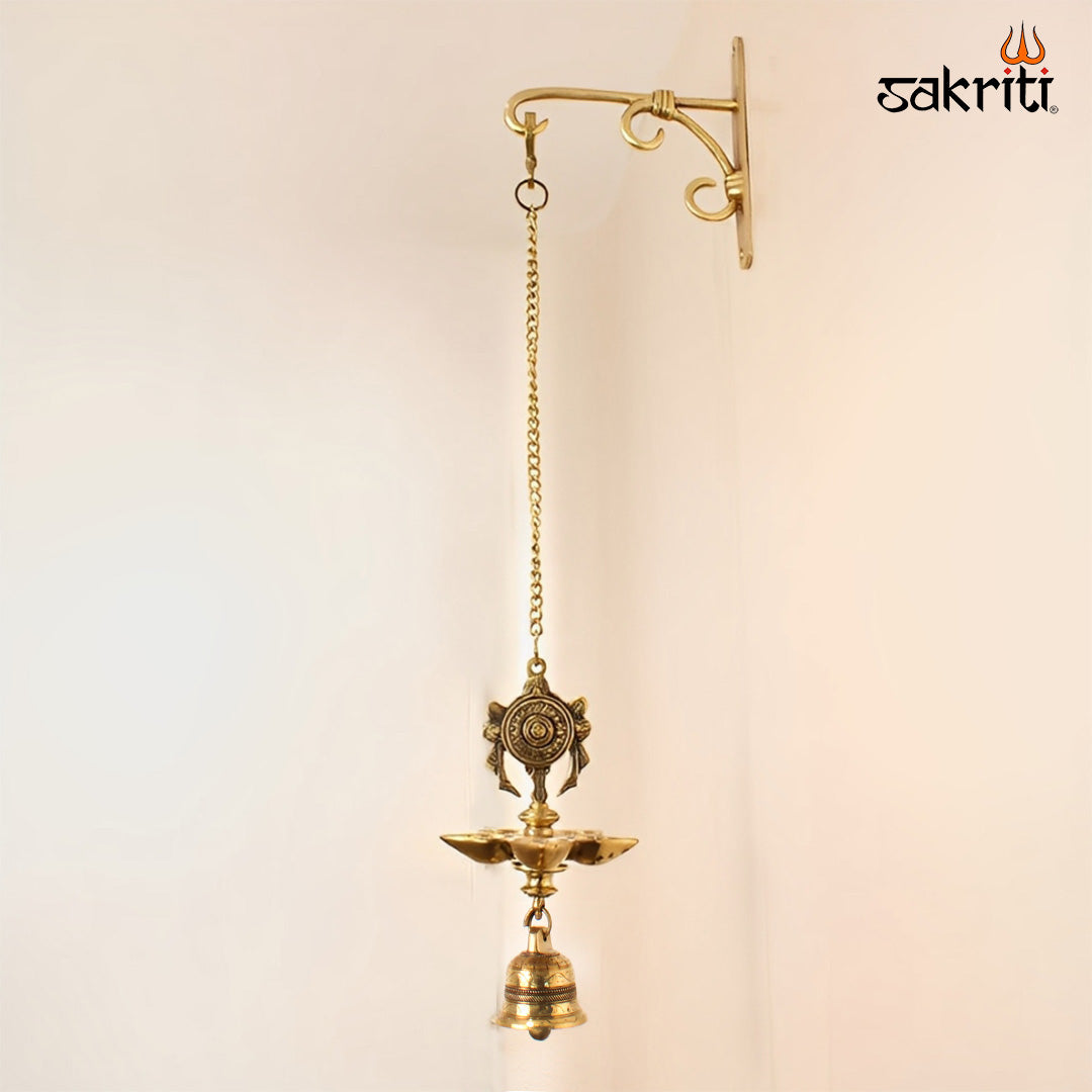 Brass 5 Mukh Chakra Vilakku with Hanging Bell – 23.5 Inch Chakra Desig ...
