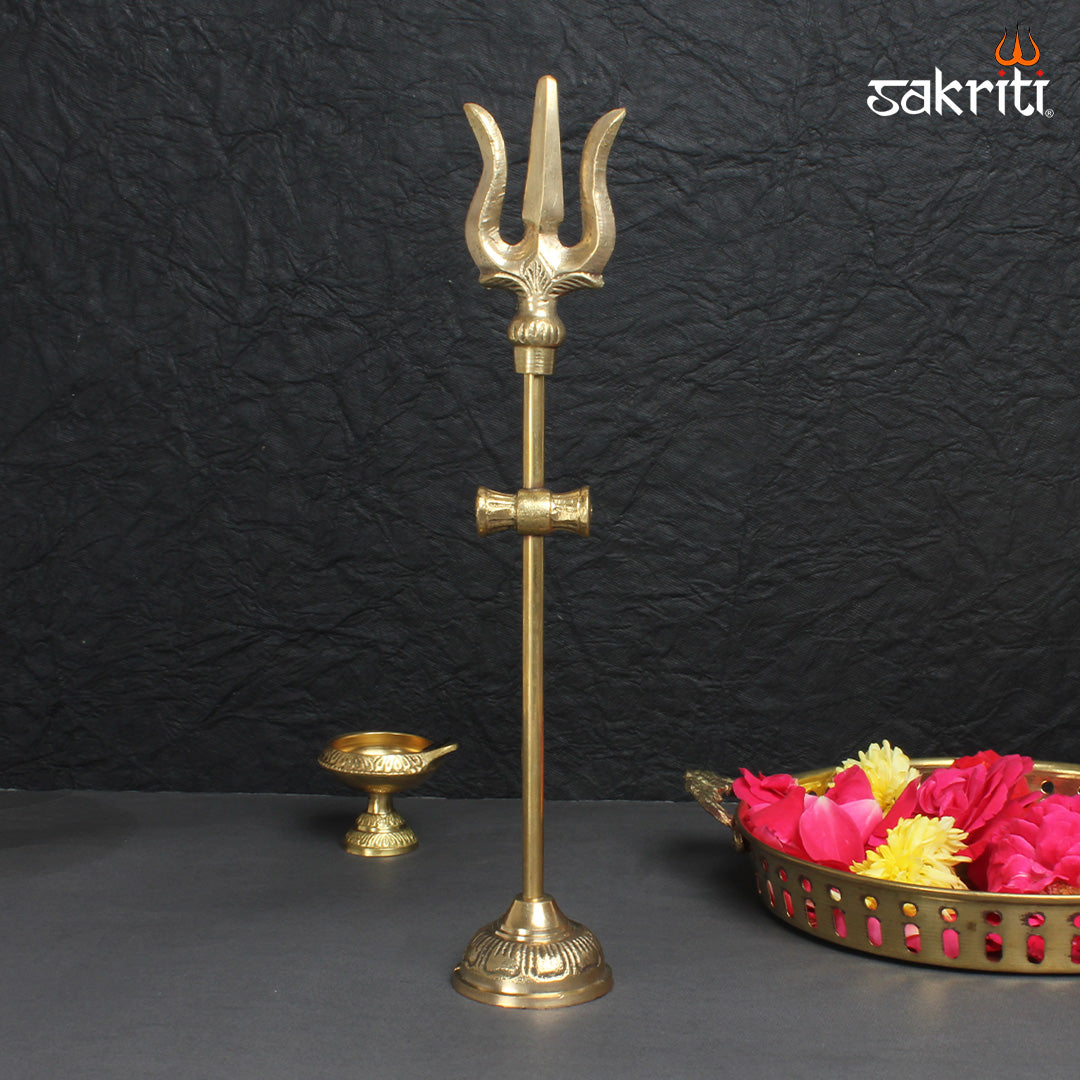 Brass Damroo Trishul with Base – 10 Inch Trident with Damru & Stand fo ...